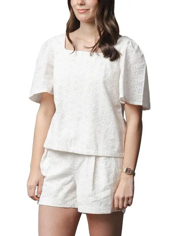 HOPE & HENRY Eyelet Flounce Sleeve Top - Natural Eyelet