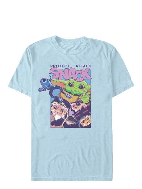 STAR WARS: THE MANDALORIAN AND GROGU Protect Attack Snack Collage Short Sleeve Graphic T-shirt - Light Blue