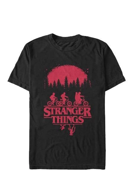 STRANGER THINGS Netflix Biking In Upside Down Logo Silhouettes Graphic T-shirt - Black