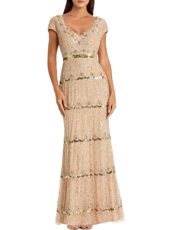 Mac Duggal Beaded Sweetheart Cap Sleeve Tiered Gown - Nude