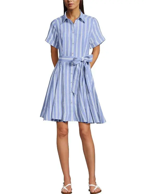 LANDS' END Linen-blend Button-front Shirt Dress With Godet Detailing - Clear Blue Sky Double Stripe