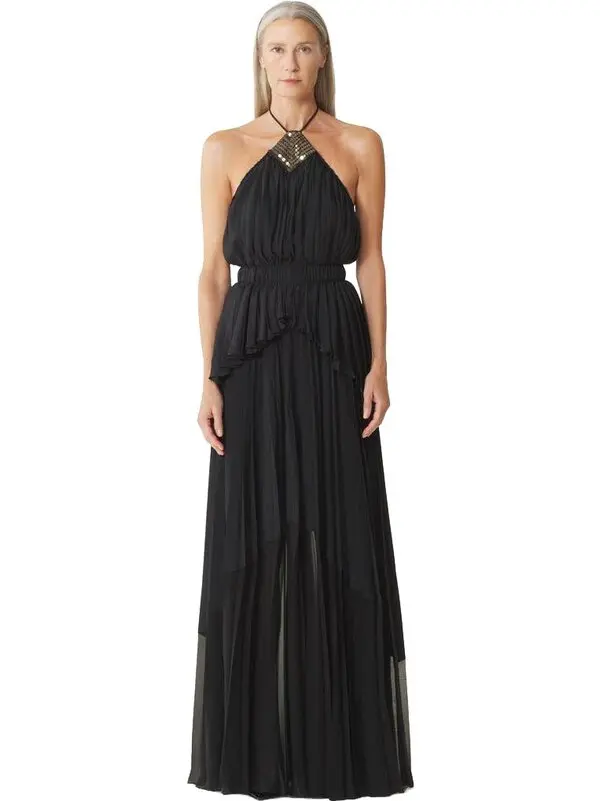 LANVIN Embroidered Pleated Dress In Silk And Charmeuse - Black