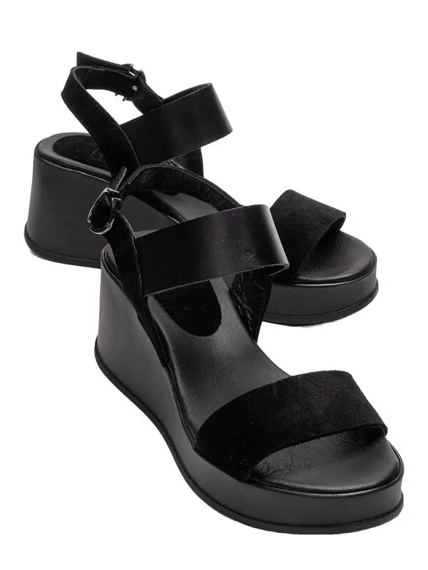 FOREVER & ALWAYS SHOES Lolanthe Leather Wedge Sandal - Black Suede