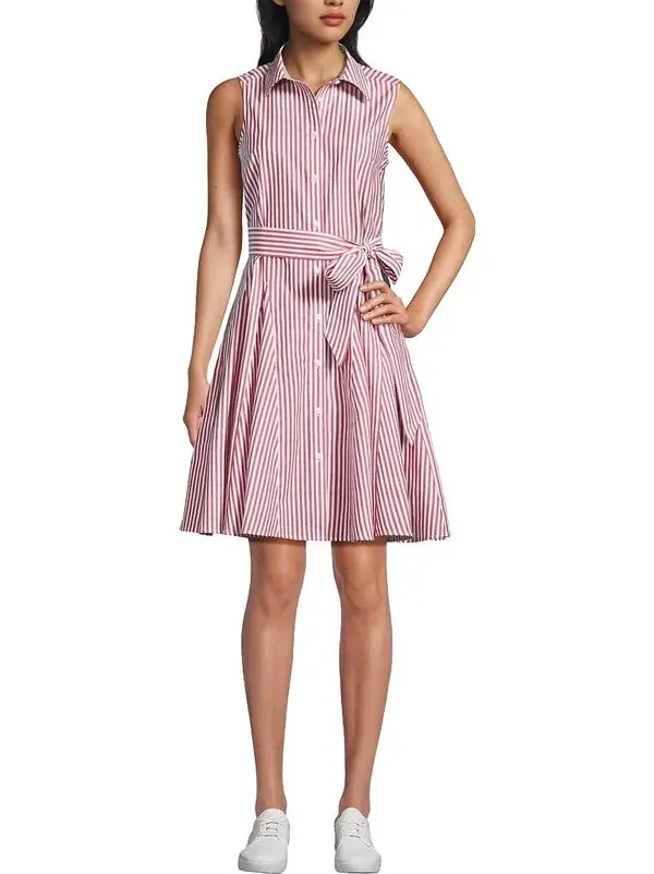 LANDS' END Poplin Button-front Knee-length Dress - Compass Red/white Stripe