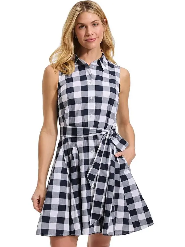 LANDS' END Poplin Button-front Knee-length Dress - Radiant Navy Gingham