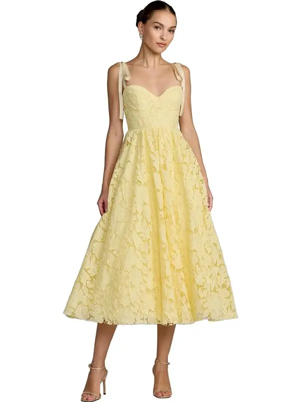 Mac Duggal Lace A-line Midi Dress With Bow Straps - Butter