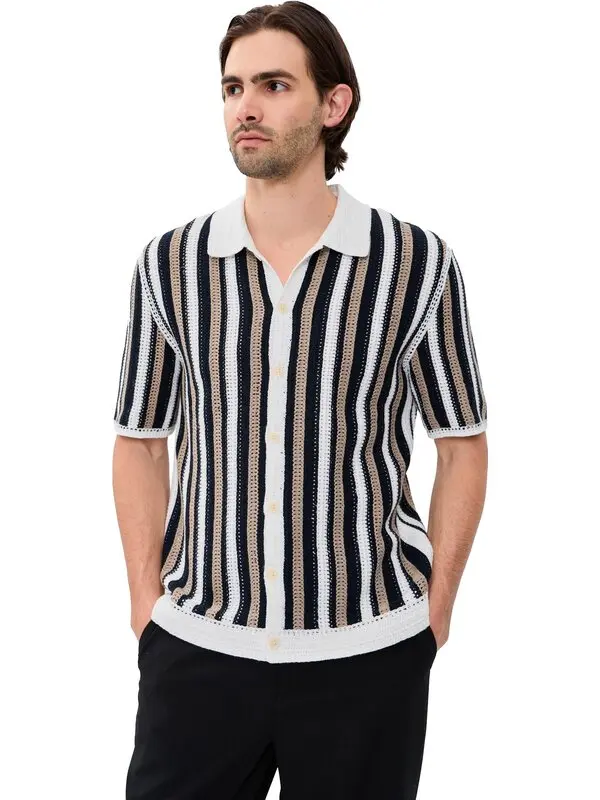 WAX LONDON Stripe Crochet Porto Shirt - Ecru/black