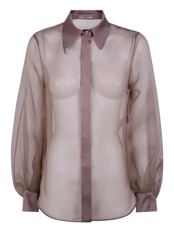 D.exterior Organza Silk Long Sleeve Shirt - Brown