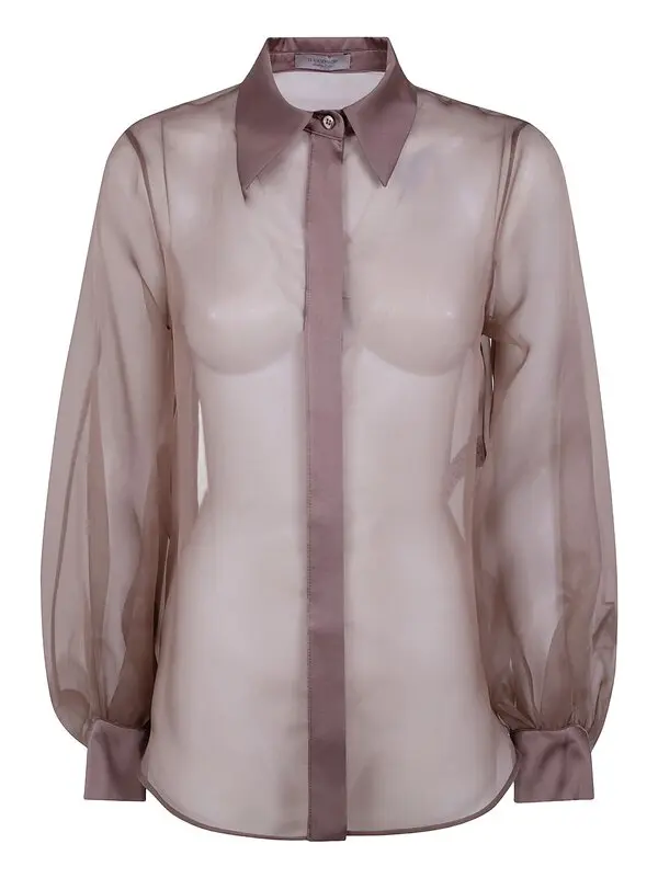 D.exterior Organza Silk Long Sleeve Shirt - Brown