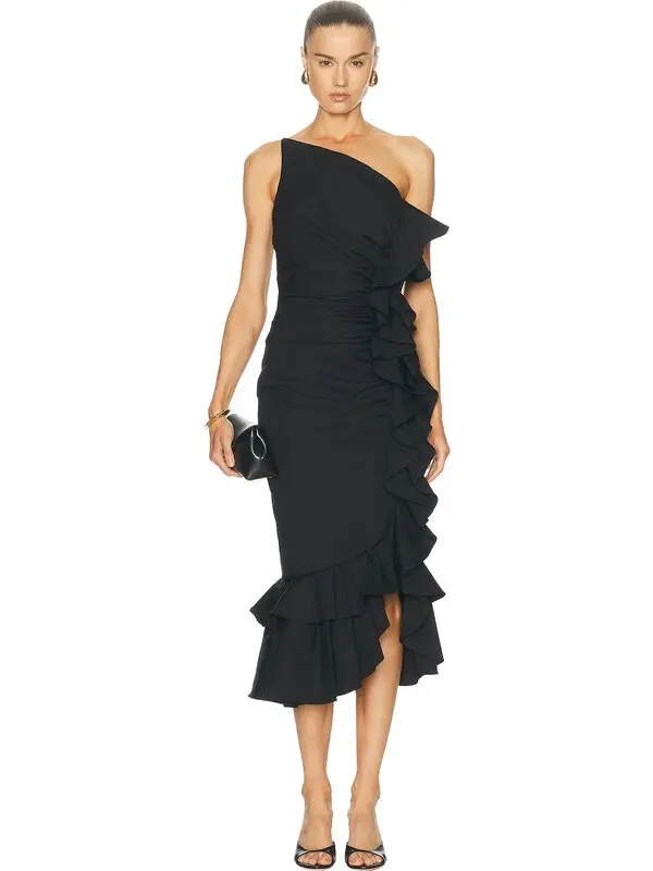 Carolina Herrera One Shoulder Ruched Midi Dress - Black