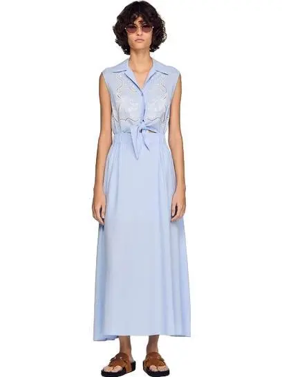 Sandro Embroidered Linen Maxi Dress - Blue
