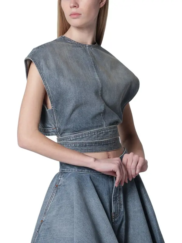 Alaïa Raw Délavé Denim Belted Sleeveless Top - Blue