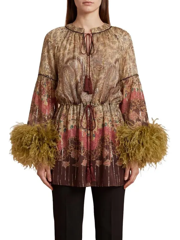 Valentino Garavani Paisley Print Silk Blouse With Ostrich Feather Cuffs - Beige