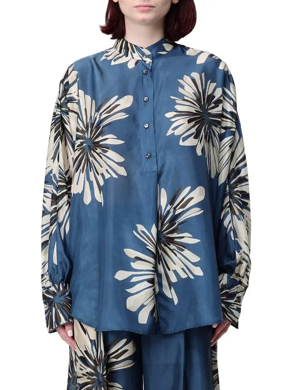Brunello Cucinelli Silk Floral Print Mandarin Collar Shirt - Blue