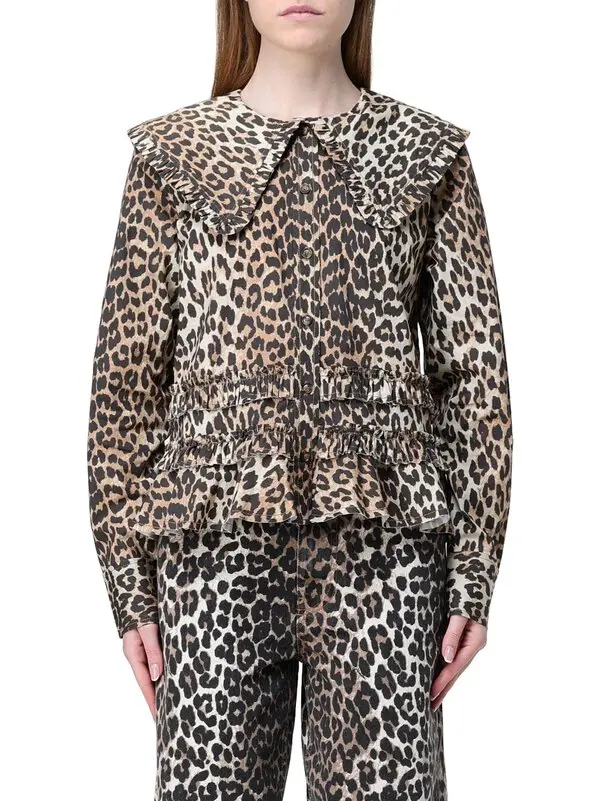GANNI Stretch Organic Cotton Animal Print Shirt - Brown