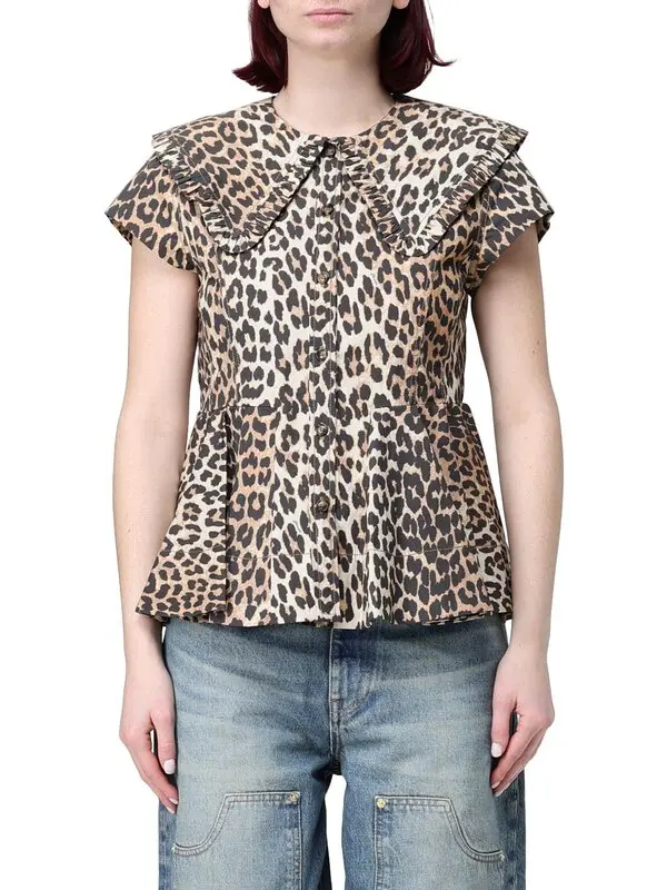 GANNI Printed Animalier Cotton Shirt - Brown