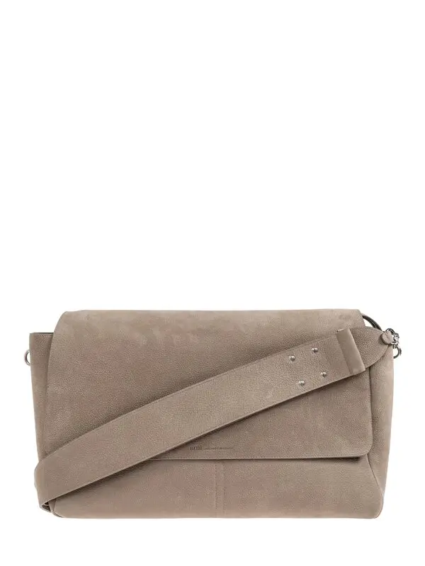 Ami Leather Shoulder Bag With Logo - Beige
