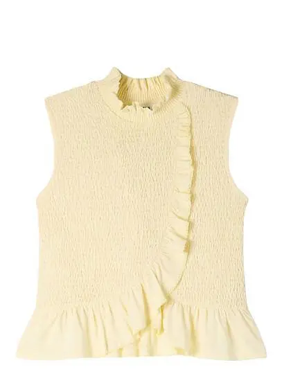 Sandro Smocked Ruffled-collar Stretch-woven Top - Light Yellow