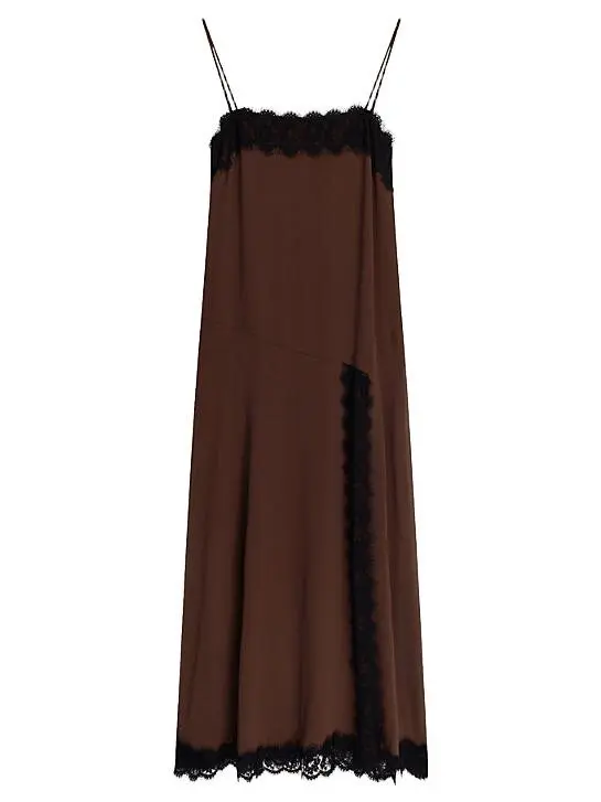 OMNES Lace-trim Satin Midi Dress - Chocolate/black Lace