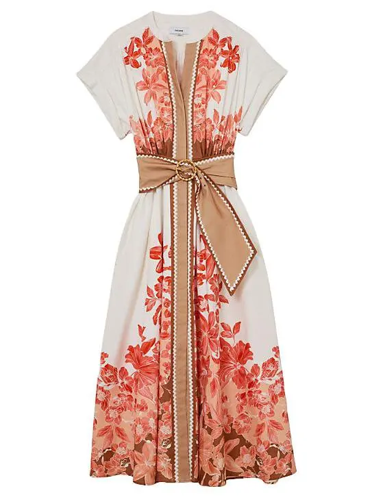 REISS Floral-print Belted Stretch-cotton Midi Dress - Pink Ivory