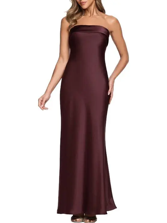 XSCAPE EVENINGS Strapless Satin Column Gown - Chocolate