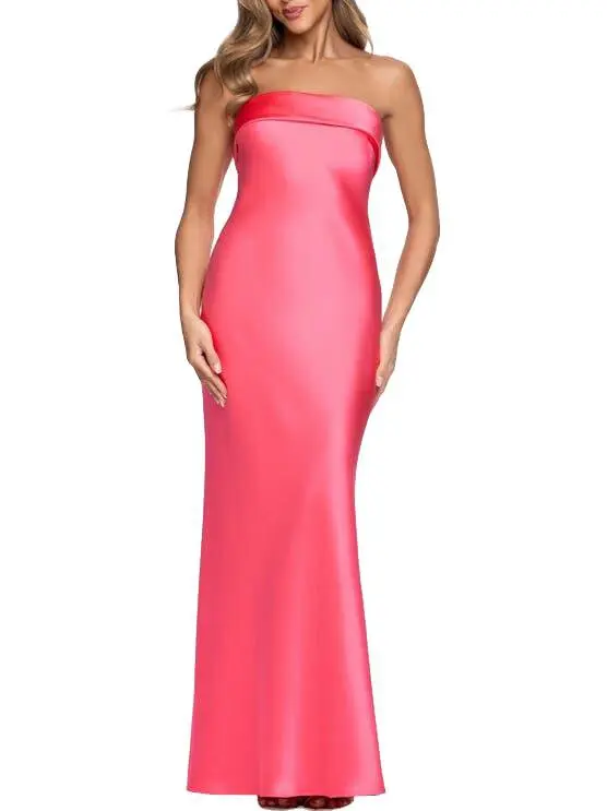 XSCAPE EVENINGS Strapless Satin Column Gown - Coral