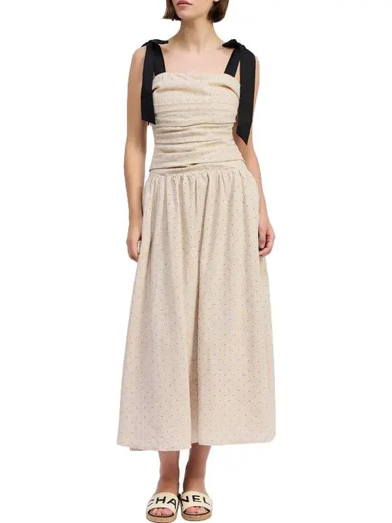 EN SAISON Pin Dot Tie Strap Midi Dress - Natural Black