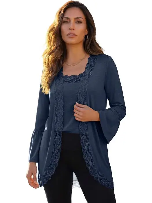 Roaman's Lace Detailed Cardigan And Tank Set - Navy