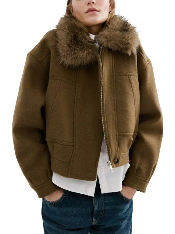 Mango Blouson Jacket With Faux Fur Collar - Brown