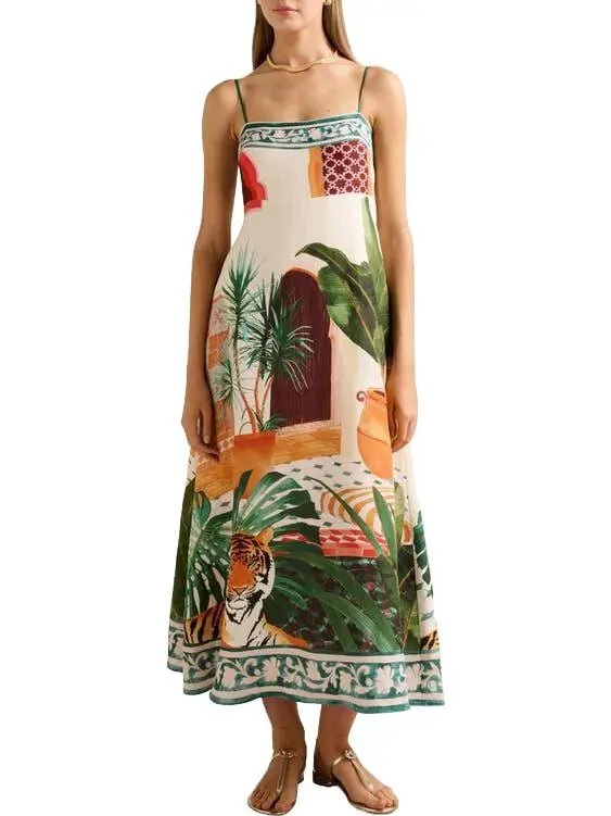 EVER NEW Bianca Print Linen Blend Midi Dress - Casablanca Holiday