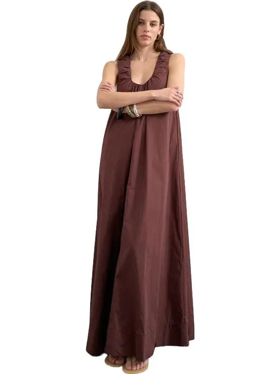 Topshop Ruched Cotton Poplin Maxi Dress - Brown