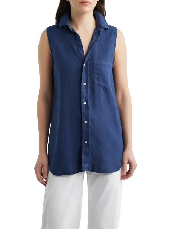 Frank & Eileen Finley Sleeveless Linen Button-up Shirt - Navy