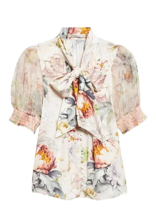 Alice + Olivia Brentley Floral Tie Neck Button-up Top - Sweet Peony