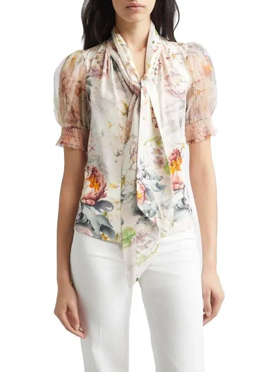 Alice + Olivia Brentley Floral Tie Neck Button-up Top - Sweet Peony