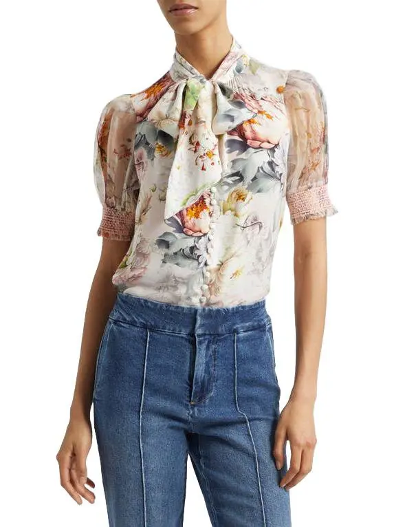 Alice + Olivia Brentley Floral Tie Neck Button-up Top - Sweet Peony