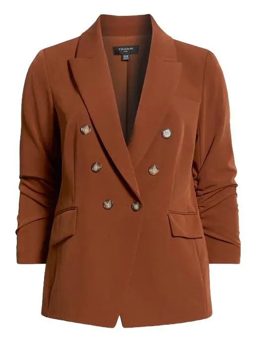 TAHARI ASL Double-breasted Blazer With Ruched Sleeves - Cinnamon