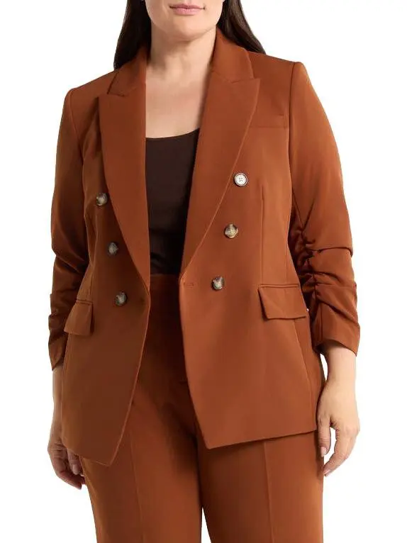 TAHARI ASL Double-breasted Blazer With Ruched Sleeves - Cinnamon