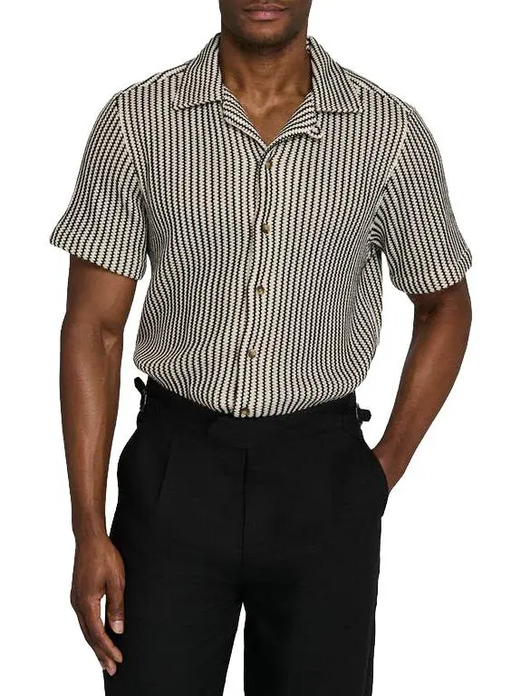 BROOKLYN BRIGADE Bedford Striped Crochet Camp Shirt - Black/brown