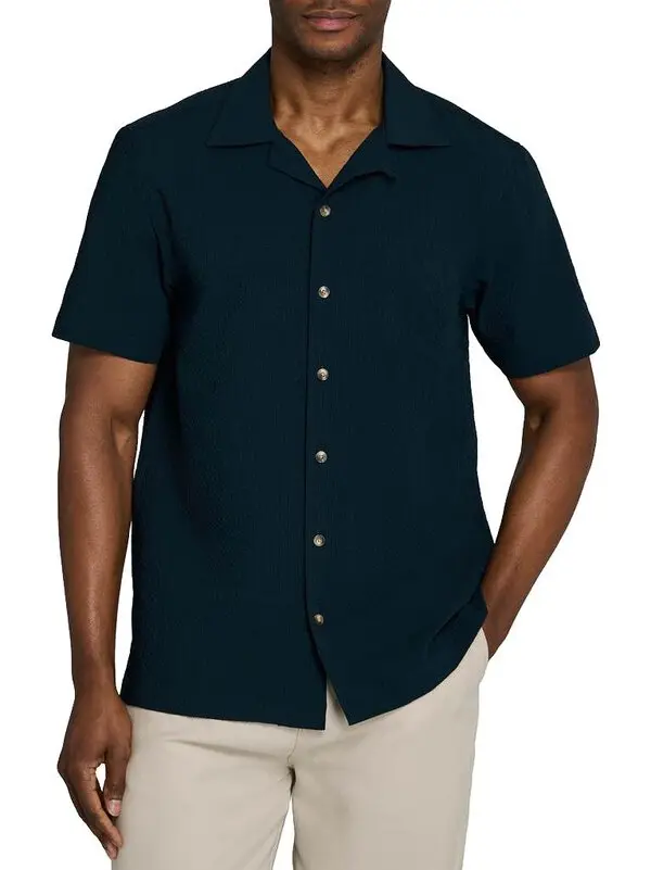 BROOKLYN BRIGADE Solid Myrtle Short Sleeve Seersucker Camp Shirt - Navy