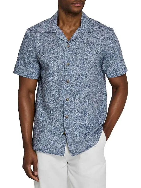 BROOKLYN BRIGADE Floral Vine Short Sleeve Seersucker Camp Shirt - Navy