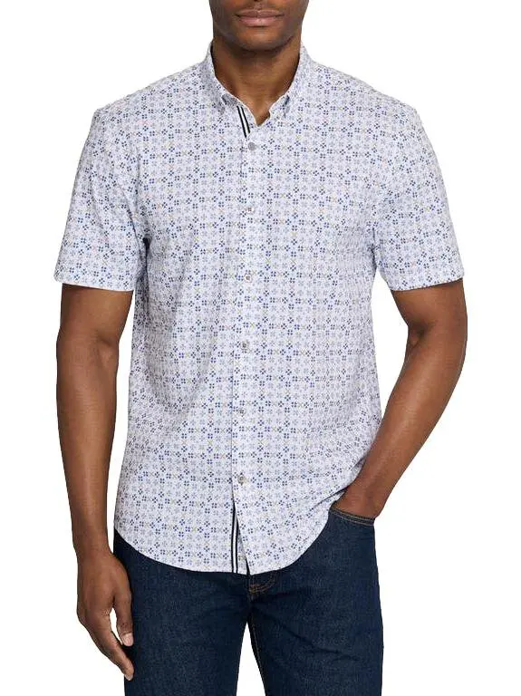 BROOKLYN BRIGADE Park Slope Petals Short Sleeve Button Down Performance Shirt - White/blue