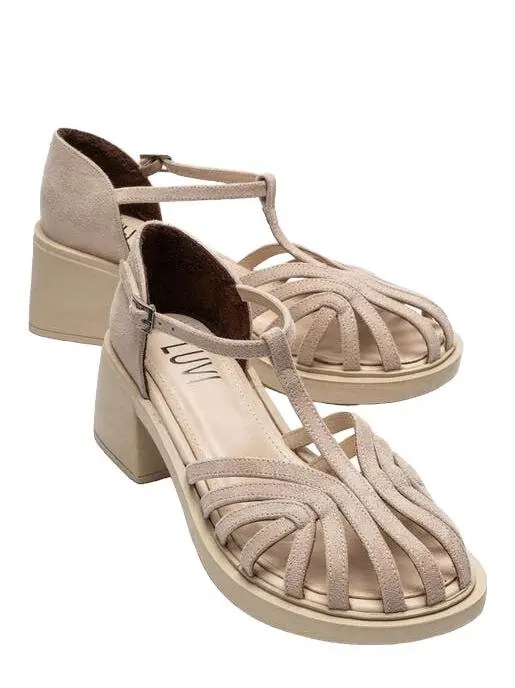 PROLOGUE SHOES Nolana Block Heel Sandal - Beige Suede