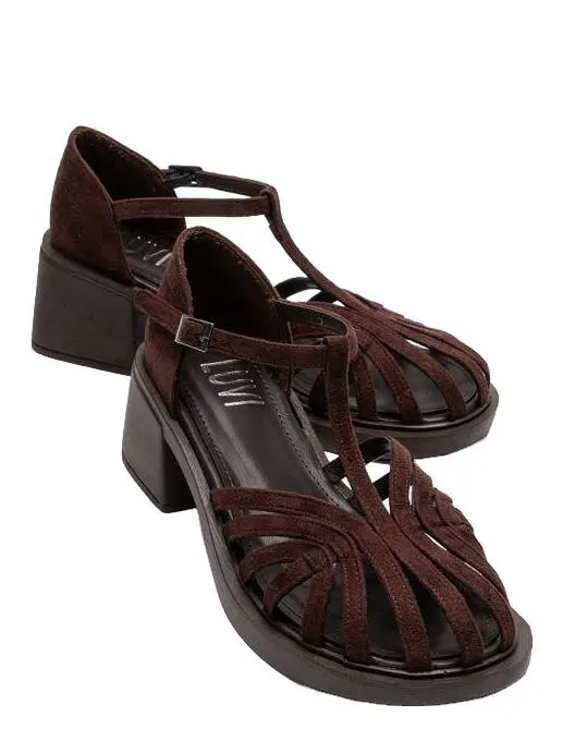 PROLOGUE SHOES Nolana Block Heel Sandal - Brown Suede