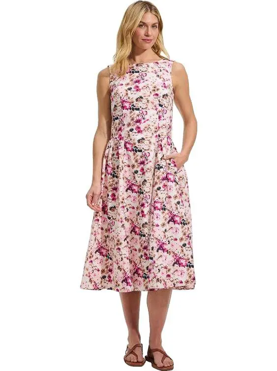 LANDS' END Poplin Boatneck Midi Dress - Ivory/soft Blush Blooms