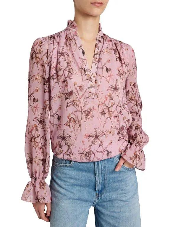 Santorelli Chelsea Long Sleeve Ruffle Neck Blouse - Sweet Pink