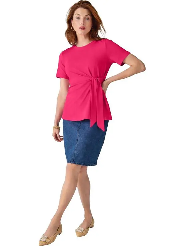 JESSICA LONDON Tie-front Short Sleeve Knit Tee - Pink Burst