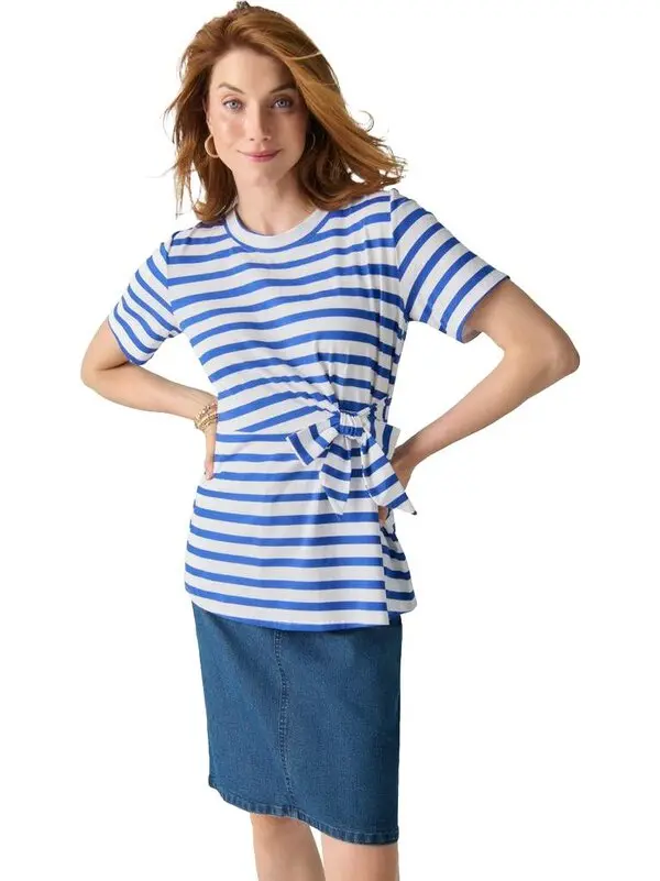 JESSICA LONDON Short Sleeve Knit Tee With Front Tie Detail - Sapphire White Stripe