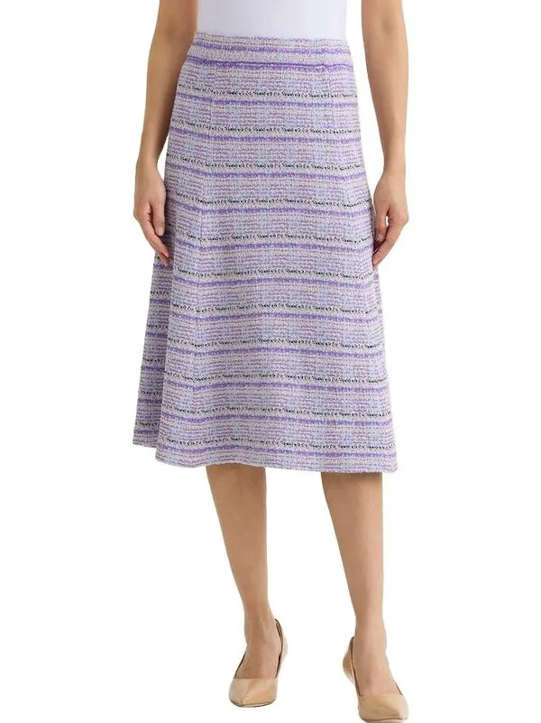 Misook Flared Plaid Tweed Knit Midi Skirt - Biscotti/powder Blue/purple