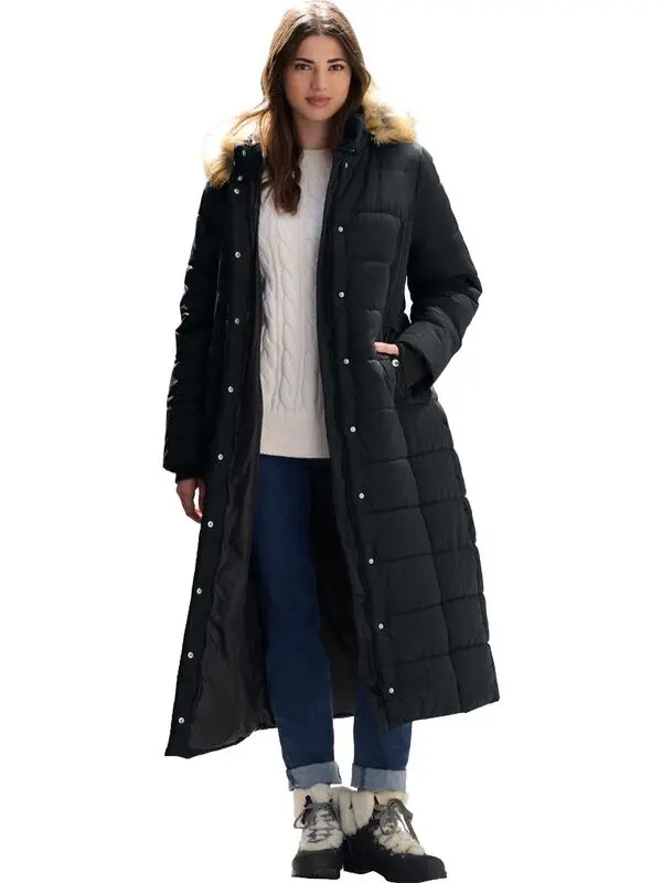Roaman's Maxi Length Puffer Coat With Detachable Hood - Black