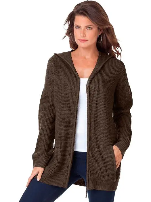 ROAMAN'S Waffle Knit Zip-front Relaxed Hoodie - Chocolate
